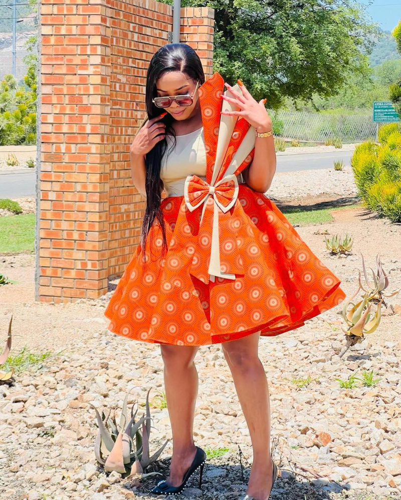 Cream and Orange Shweshwe Dress by Styles By Tumi - Traditional Dresses ...